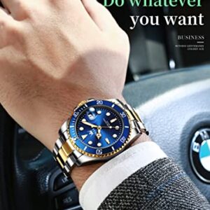 Blue Face Watches for Men Silver Gold Stainless Steel Band Watches With Date OLEVS Watch Mens Pro Diver Watches Classic Waterproof Wristwatch for Men Round Dress Big Face Male Watch Fashion Multifunction For Man Luxury Analog Quartz Luminous Watch