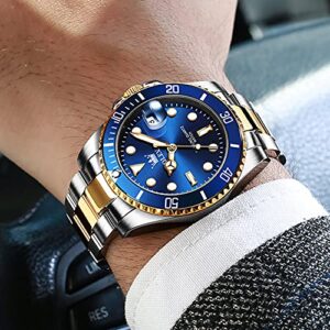 Blue Face Watches for Men Silver Gold Stainless Steel Band Watches With Date OLEVS Watch Mens Pro Diver Watches Classic Waterproof Wristwatch for Men Round Dress Big Face Male Watch Fashion Multifunction For Man Luxury Analog Quartz Luminous Watch