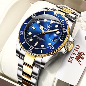 Blue Face Watches for Men Silver Gold Stainless Steel Band Watches With Date OLEVS Watch Mens Pro Diver Watches Classic Waterproof Wristwatch for Men Round Dress Big Face Male Watch Fashion Multifunction For Man Luxury Analog Quartz Luminous Watch