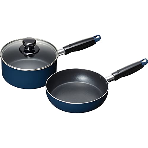 Wahei Freiz MB-2377 Easy Care Cookware Set A, One-Handed Pot, 6.3 inches (16 cm) & Frying Pan, 7.1 inches (18 cm), Blue, Fluorine Resin Treatment, Induction and Gas Compatible