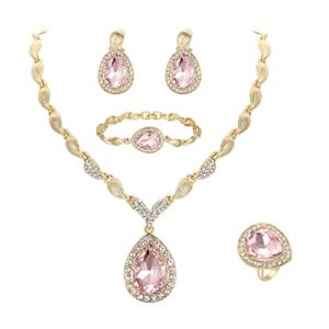 brilove womens africa 18k gold plated jewelry set crystal rhinestones petals teardrop cluster bib statement necklace link bracelet dangle earrings ring for prom pink gold-tone