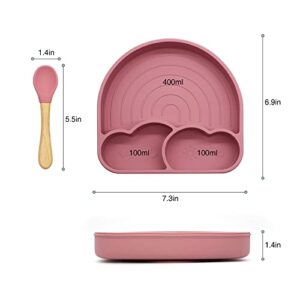 Baby Plates with Suction, Toddler Feeding Plates, Toddler Dishes 3 Divided Rainbow Design, Self-Feeding Spoon Flatware Set, Food Silicone BPA Free, Microwave, Dishwasher Safe, Oven Safe (Dark pink)