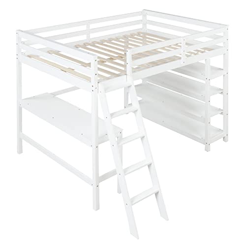 Harper & Bright Designs Full Size Loft Bed with Desk Underneath Full Loft Bed with Shelves and Ladder, Wood Loft Bed Full for Kids Girls Boys,White