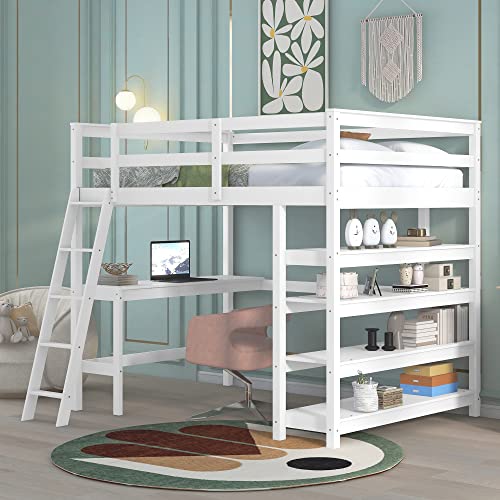 Harper & Bright Designs Full Size Loft Bed with Desk Underneath Full Loft Bed with Shelves and Ladder, Wood Loft Bed Full for Kids Girls Boys,White