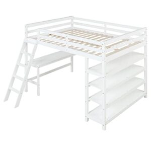 Harper & Bright Designs Full Size Loft Bed with Desk Underneath Full Loft Bed with Shelves and Ladder, Wood Loft Bed Full for Kids Girls Boys,White