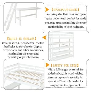 Harper & Bright Designs Full Size Loft Bed with Desk Underneath Full Loft Bed with Shelves and Ladder, Wood Loft Bed Full for Kids Girls Boys,White