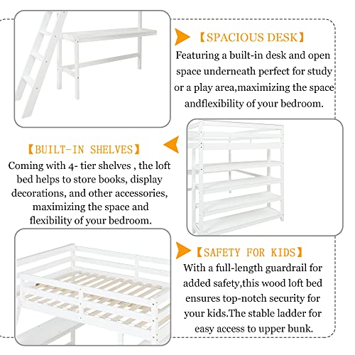 Harper & Bright Designs Full Size Loft Bed with Desk Underneath Full Loft Bed with Shelves and Ladder, Wood Loft Bed Full for Kids Girls Boys,White