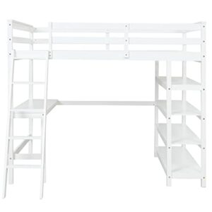 Harper & Bright Designs Full Size Loft Bed with Desk Underneath Full Loft Bed with Shelves and Ladder, Wood Loft Bed Full for Kids Girls Boys,White