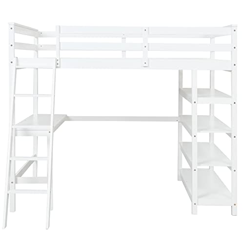 Harper & Bright Designs Full Size Loft Bed with Desk Underneath Full Loft Bed with Shelves and Ladder, Wood Loft Bed Full for Kids Girls Boys,White