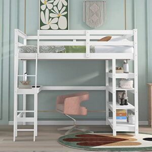 Harper & Bright Designs Full Size Loft Bed with Desk Underneath Full Loft Bed with Shelves and Ladder, Wood Loft Bed Full for Kids Girls Boys,White