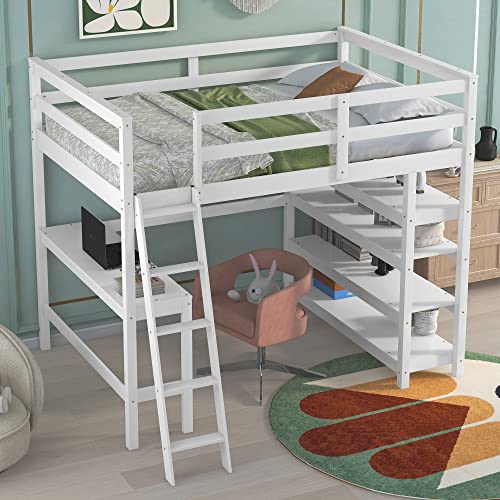 Harper & Bright Designs Full Size Loft Bed with Desk Underneath Full Loft Bed with Shelves and Ladder, Wood Loft Bed Full for Kids Girls Boys,White