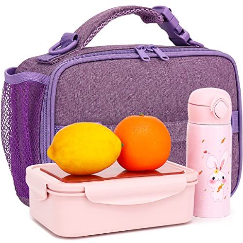 FlowFly Kids Lunch Bag, Durable Insulated School Lunch Box with Shoulder Strap and Bottle Holder, Water-resistant Thermal Small Lunch Cooler Tote for Teen Boys & Girls,Purple