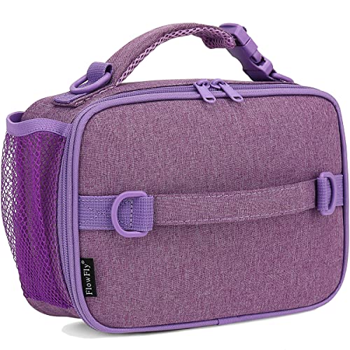 FlowFly Kids Lunch Bag, Durable Insulated School Lunch Box with Shoulder Strap and Bottle Holder, Water-resistant Thermal Small Lunch Cooler Tote for Teen Boys & Girls,Purple