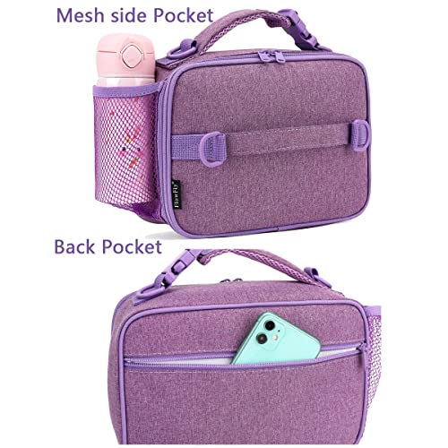 FlowFly Kids Lunch Bag, Durable Insulated School Lunch Box with Shoulder Strap and Bottle Holder, Water-resistant Thermal Small Lunch Cooler Tote for Teen Boys & Girls,Purple