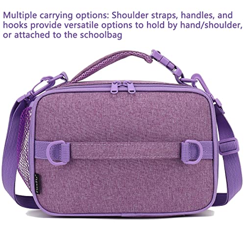 FlowFly Kids Lunch Bag, Durable Insulated School Lunch Box with Shoulder Strap and Bottle Holder, Water-resistant Thermal Small Lunch Cooler Tote for Teen Boys & Girls,Purple