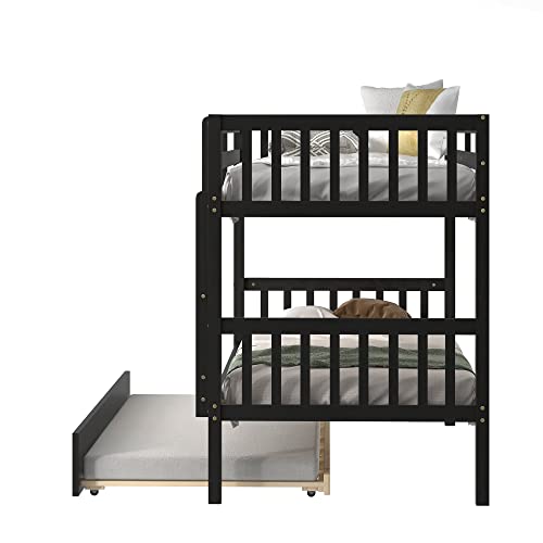 Unovivy Twin Over Twin Bunk Bed with Trundle, Solid Wood Bunk Bed Twin Over Twin with Guardrails and Ladder, Convertible to 2 Beds, Fit for Kids, Teens, No Box Spring Needed, Espresso