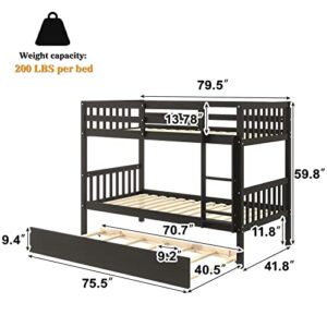 Unovivy Twin Over Twin Bunk Bed with Trundle, Solid Wood Bunk Bed Twin Over Twin with Guardrails and Ladder, Convertible to 2 Beds, Fit for Kids, Teens, No Box Spring Needed, Espresso