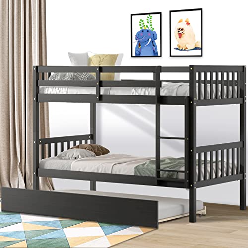 Unovivy Twin Over Twin Bunk Bed with Trundle, Solid Wood Bunk Bed Twin Over Twin with Guardrails and Ladder, Convertible to 2 Beds, Fit for Kids, Teens, No Box Spring Needed, Espresso