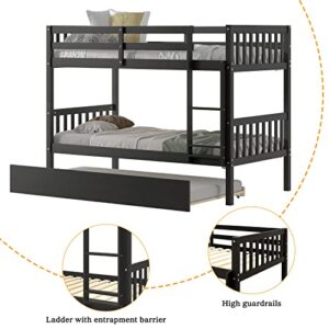 Unovivy Twin Over Twin Bunk Bed with Trundle, Solid Wood Bunk Bed Twin Over Twin with Guardrails and Ladder, Convertible to 2 Beds, Fit for Kids, Teens, No Box Spring Needed, Espresso