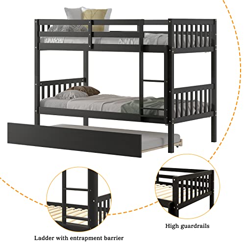 Unovivy Twin Over Twin Bunk Bed with Trundle, Solid Wood Bunk Bed Twin Over Twin with Guardrails and Ladder, Convertible to 2 Beds, Fit for Kids, Teens, No Box Spring Needed, Espresso