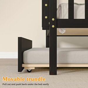 Unovivy Twin Over Twin Bunk Bed with Trundle, Solid Wood Bunk Bed Twin Over Twin with Guardrails and Ladder, Convertible to 2 Beds, Fit for Kids, Teens, No Box Spring Needed, Espresso