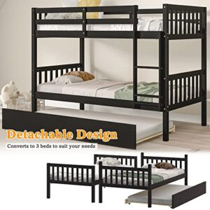 Unovivy Twin Over Twin Bunk Bed with Trundle, Solid Wood Bunk Bed Twin Over Twin with Guardrails and Ladder, Convertible to 2 Beds, Fit for Kids, Teens, No Box Spring Needed, Espresso