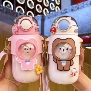 jqwsve kawaii water bottle with straw, 24oz kawaii bear water bottle bpa-free, leak-proof cute water bottles anti-drop cartoon bear shaped bottle for boys girls travel home school, pink