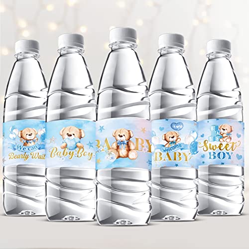 Clabby 39 Pieces Water Bottle Labels, Stickers Wrappers Waterproof Labels for Baby Shower Party Decoration (Blue, Bear Style), 1.0 Count