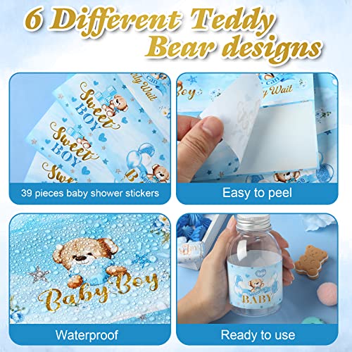 Clabby 39 Pieces Water Bottle Labels, Stickers Wrappers Waterproof Labels for Baby Shower Party Decoration (Blue, Bear Style), 1.0 Count