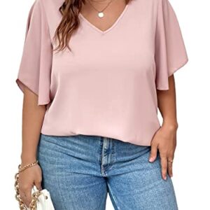 SOLY HUX Womens Plus Size Blouse Summer Tops V Neck Short Sleeve Casual Work Shirts Loose Flowy Blouses 2023 Solid Pink 3XL