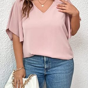 SOLY HUX Womens Plus Size Blouse Summer Tops V Neck Short Sleeve Casual Work Shirts Loose Flowy Blouses 2023 Solid Pink 3XL