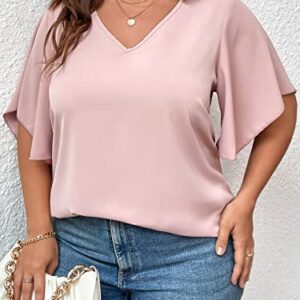 SOLY HUX Womens Plus Size Blouse Summer Tops V Neck Short Sleeve Casual Work Shirts Loose Flowy Blouses 2023 Solid Pink 3XL