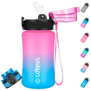 goppus kids water bottle with straw spout lid 10pcs stickers 12 oz leak-proof bpa free motivational time marker tritan plastic water bottles for girls boys school sports