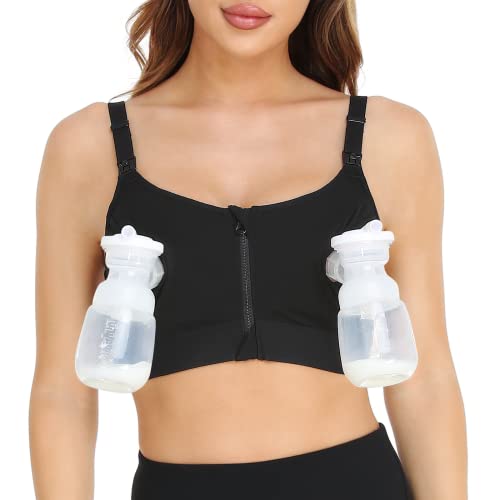 Momcozy Pumping Bra, Upgraded Velcro Back Zipper Adjustable Breast-Pumps Holding Plus Size Pumping and Nursing Bra in One Suitable for 32C-58DDD Black