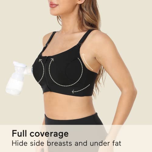 Momcozy Pumping Bra, Upgraded Velcro Back Zipper Adjustable Breast-Pumps Holding Plus Size Pumping and Nursing Bra in One Suitable for 32C-58DDD Black