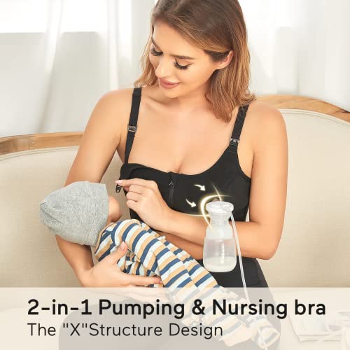 Momcozy Pumping Bra, Upgraded Velcro Back Zipper Adjustable Breast-Pumps Holding Plus Size Pumping and Nursing Bra in One Suitable for 32C-58DDD Black