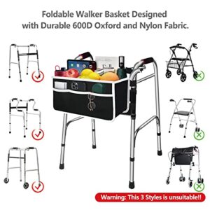 Walker Bag, Foldable Equipped with 6 Elastic Straps, Stronger Than Other Walker Basket, Basket for Walker with Multiple Pockets & Never Tipping Over, Best Gift for Elders and Family - Black