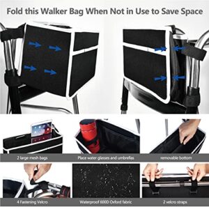 Walker Bag, Foldable Equipped with 6 Elastic Straps, Stronger Than Other Walker Basket, Basket for Walker with Multiple Pockets & Never Tipping Over, Best Gift for Elders and Family - Black