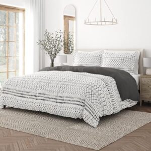 merit linens pattern and pinch pleat queen duvet cover set | soft, light weight, and breathable 3 piece gray duvet set | zipper closure, corner ties, 2 matching shams