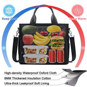 AIJIEKE Lunch Bag for Women, Insulated Lunch Box Tote Bag for Work, Extra Large Wide Open Leak Proof Cooler Bag with Shoulder Strap & Side Pockets for Picnic Hiking Beach, Black