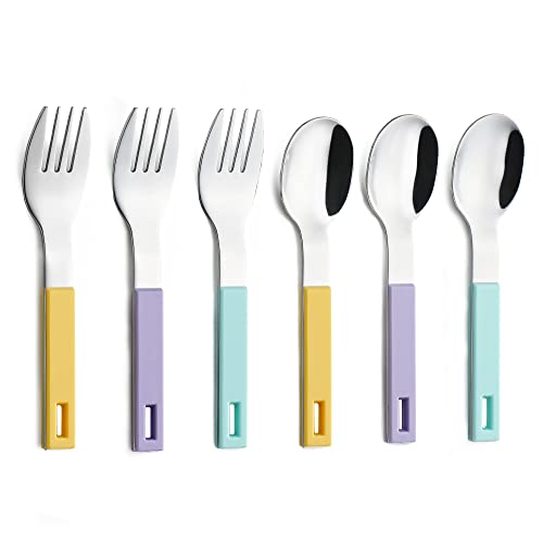 ANNOVA Children's Flatware 6 Pieces Kids Silverware - Stainless Steel - 3 x Safe Forks, 3 x Tablespoons - Toddler Utensils Without Knives for Lunch Box BPA Free Block (6 Pieces, Mix Color)