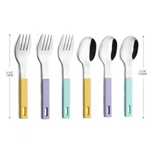 ANNOVA Children's Flatware 6 Pieces Kids Silverware - Stainless Steel - 3 x Safe Forks, 3 x Tablespoons - Toddler Utensils Without Knives for Lunch Box BPA Free Block (6 Pieces, Mix Color)