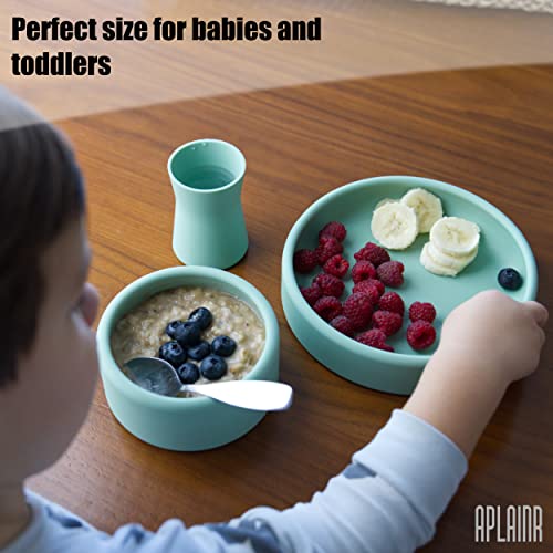 APLAINR Weighted Silicone Baby Led Weaning Supplies First Feeding Set | Includes Plate Bowl and Cup (Cream)