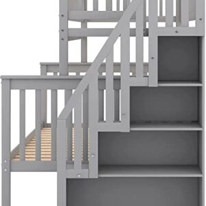 DNYN Stairway Twin-Over-Full Bunk Bed with Storage Shelves & Guardrail for Dorm,Kids Bedroom,Solid Pine Wood Bedframe,Space Saving Design & No Box Spring Needed, Grey