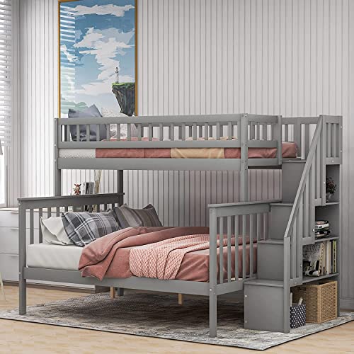 DNYN Stairway Twin-Over-Full Bunk Bed with Storage Shelves & Guardrail for Dorm,Kids Bedroom,Solid Pine Wood Bedframe,Space Saving Design & No Box Spring Needed, Grey