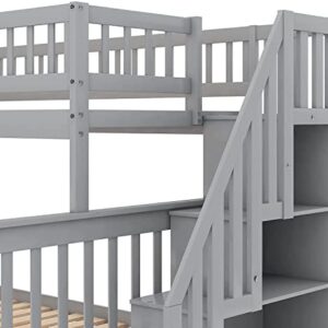 DNYN Stairway Twin-Over-Full Bunk Bed with Storage Shelves & Guardrail for Dorm,Kids Bedroom,Solid Pine Wood Bedframe,Space Saving Design & No Box Spring Needed, Grey