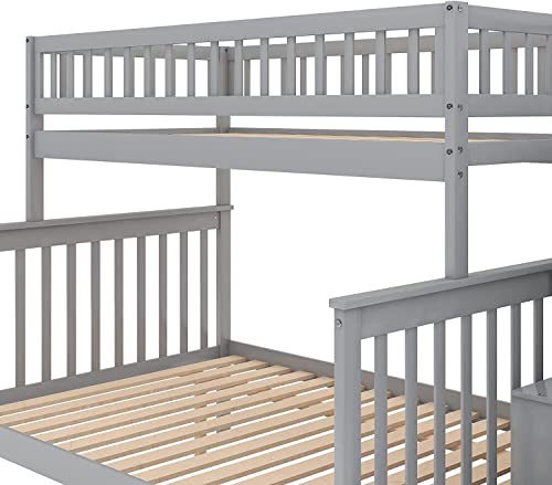 DNYN Stairway Twin-Over-Full Bunk Bed with Storage Shelves & Guardrail for Dorm,Kids Bedroom,Solid Pine Wood Bedframe,Space Saving Design & No Box Spring Needed, Grey