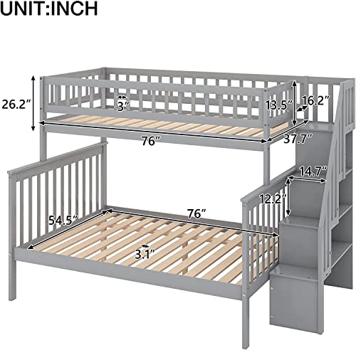 DNYN Stairway Twin-Over-Full Bunk Bed with Storage Shelves & Guardrail for Dorm,Kids Bedroom,Solid Pine Wood Bedframe,Space Saving Design & No Box Spring Needed, Grey