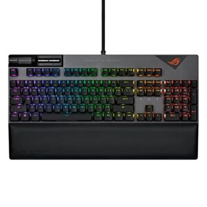 asus rog strix flare ii 100% rgb gaming keyboard, rog nx blue mechanical switches, abs engraved keycaps, 8k hz polling, sound-dampening foam, media controls, usb passthrough, wrist rest-black