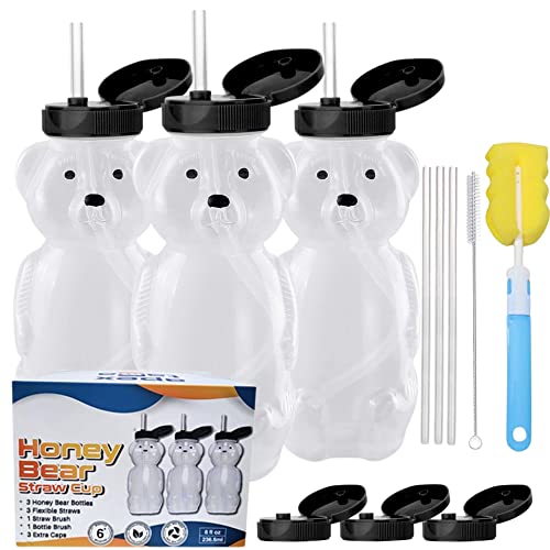 Honey bear straw cup set - 3 Honey Bear Cup w/ 3 extra Caps, bottle brush & Straw brush | Sippy cup Squeeze teddy Bear cup with straw, Talk therapy tools Honey bear drinking cup | honeybearcup baby